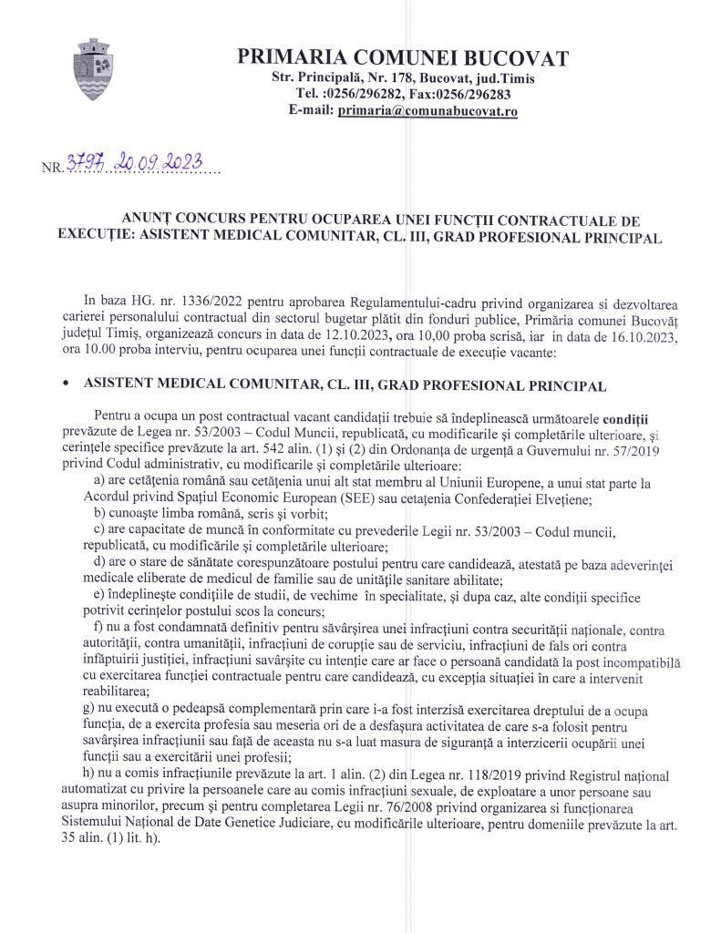 Anunțul concurs pentru funcția contractuală de execuție Asistent ...