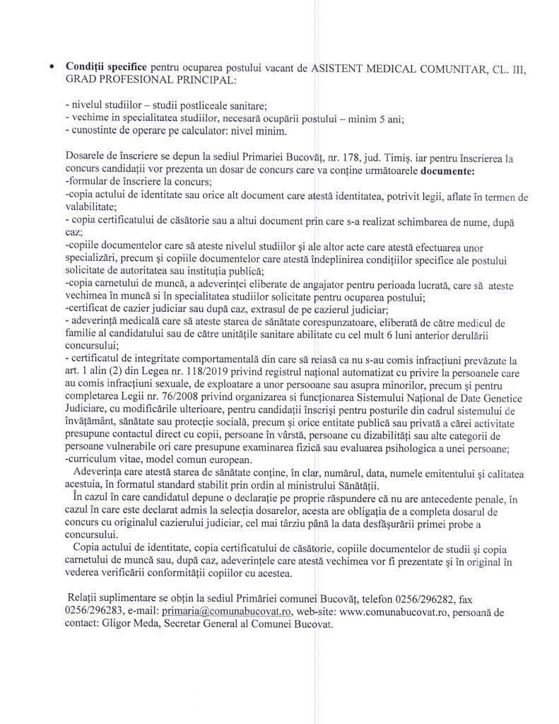Anunțul concurs pentru funcția contractuală de execuție Asistent ...