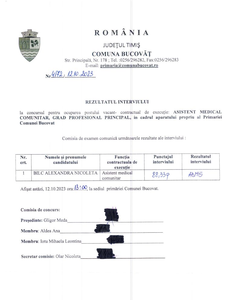 Rezultatul interviu Concurs pentru postul contractual de Asistent ...