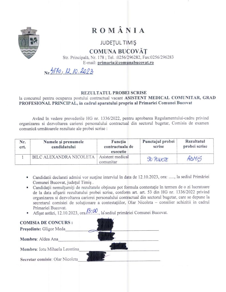 Rezultatul probă scrisă Concurs pentru postul contractual de Asistent ...